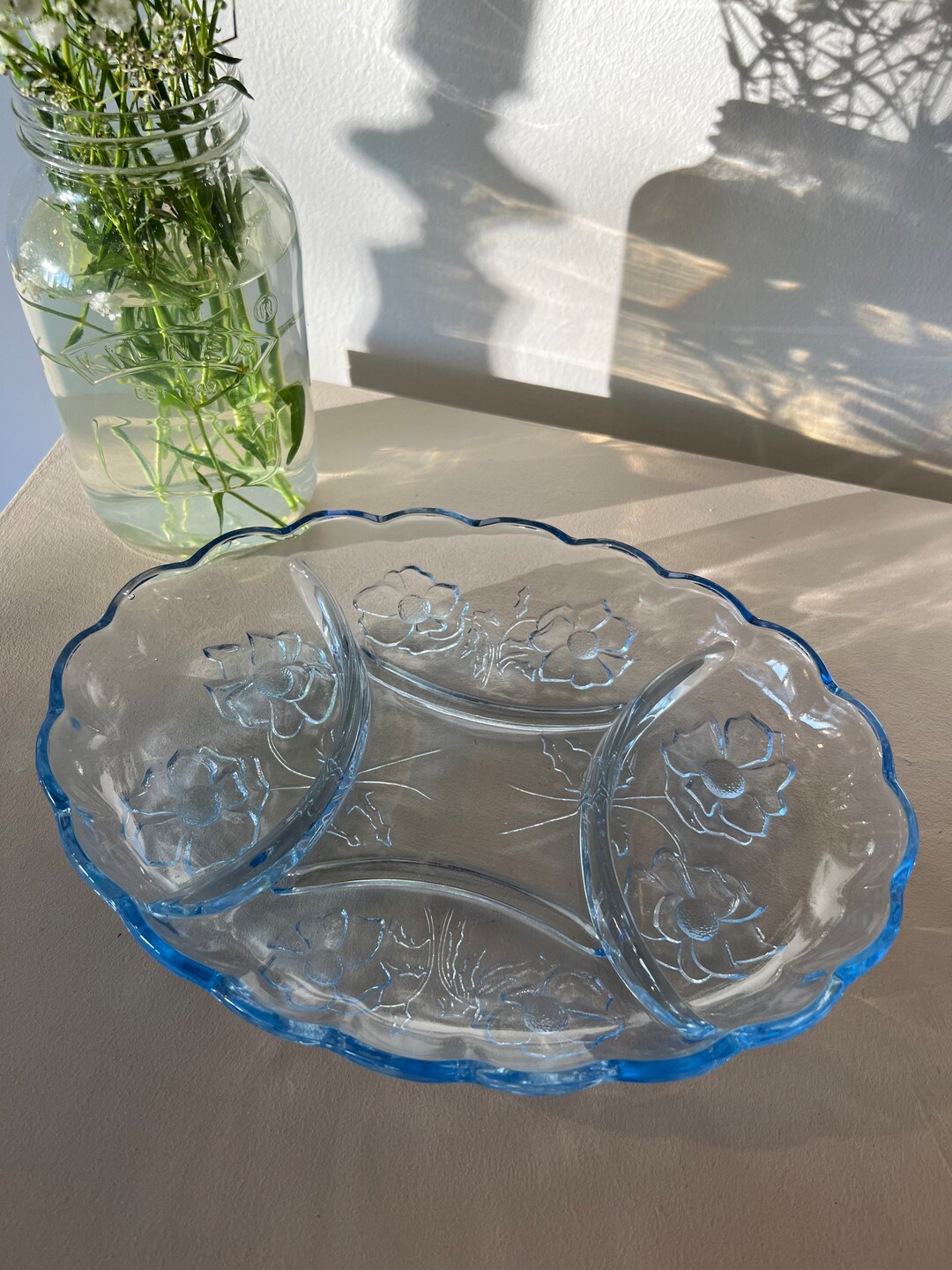 Vintage 1930s Art Deco Bagley Light Blue Sectional Glass Tray Floral ...