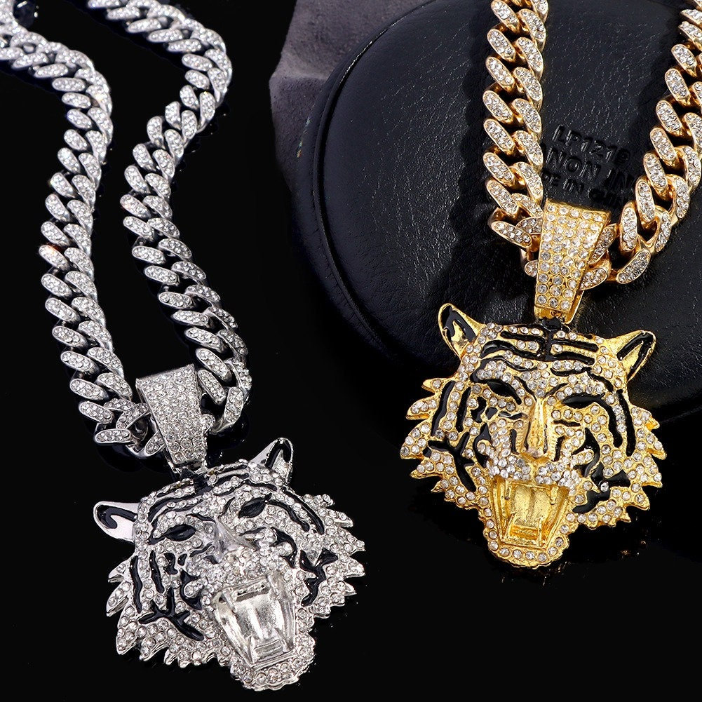 Hip Hop Iced Out Cuban Link Chain for Men Tiger Pendant - Etsy UK