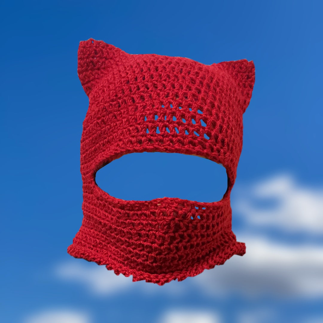 Red Cat Balaclava Mask, Crochet Balaclava With Ears, Cat Ski Mask, Red ...