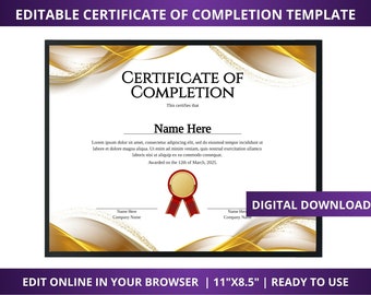 Editable Certificate of Completion Template. Award Template. - Etsy