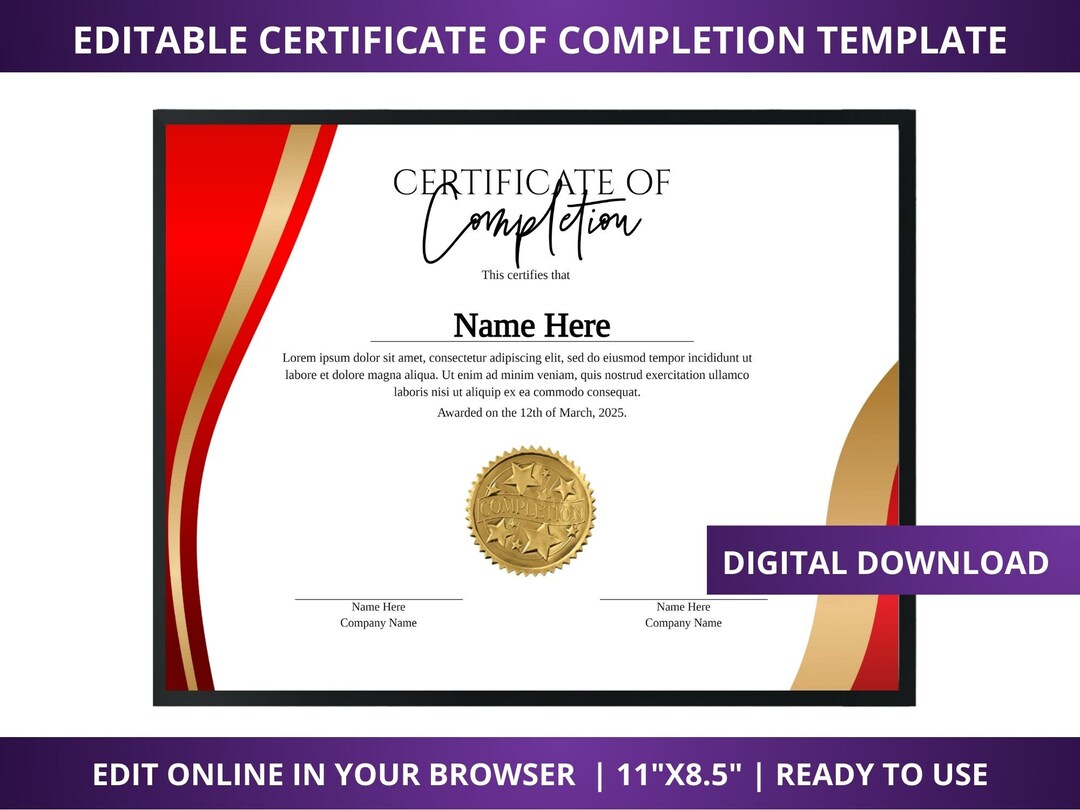 Editable Certificate of Completion Template Modern - Etsy UK
