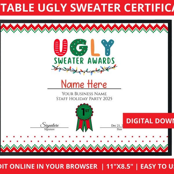 Ugly Sweater Certificate Template - Etsy