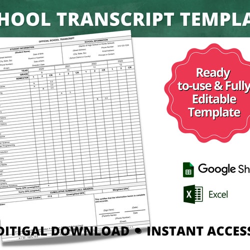 EDITABLE High School Transcript Template With GPA Calculator - Etsy