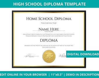 Editable High School Diploma Template Printable Homeschool - Etsy