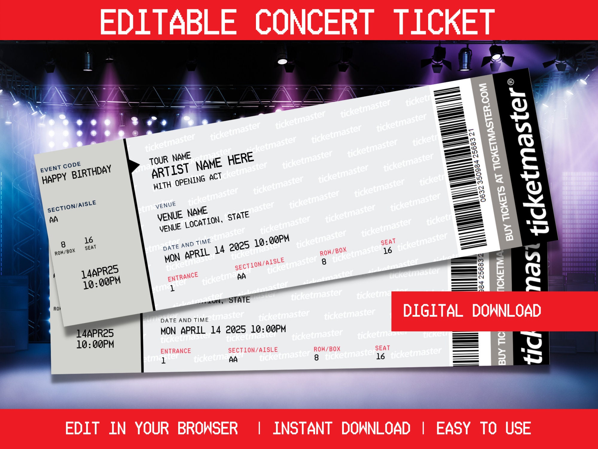 EDITABLE Concert Ticket Template Surprise Birthday Anniversary Gift 
