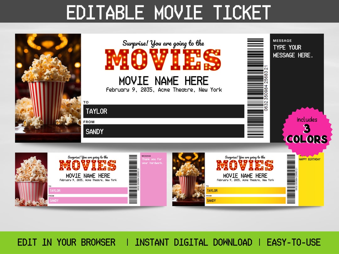 Custom Movie Ticket Editable Movie Ticket Movie Night - Etsy