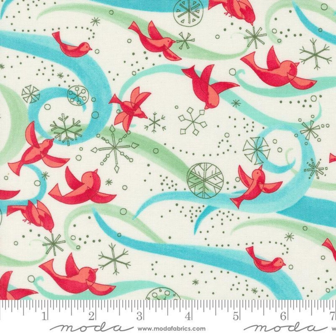 Winterly Cream Birds With Ribbons Premium 100% Cotton Fabric by Moda ...