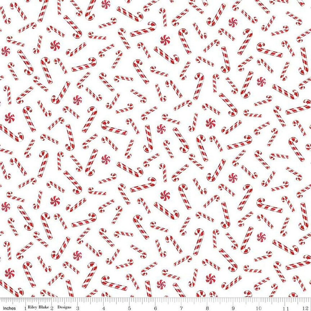 Christmas Joy White Background Candy Canes Quilt Fabric From Riley ...