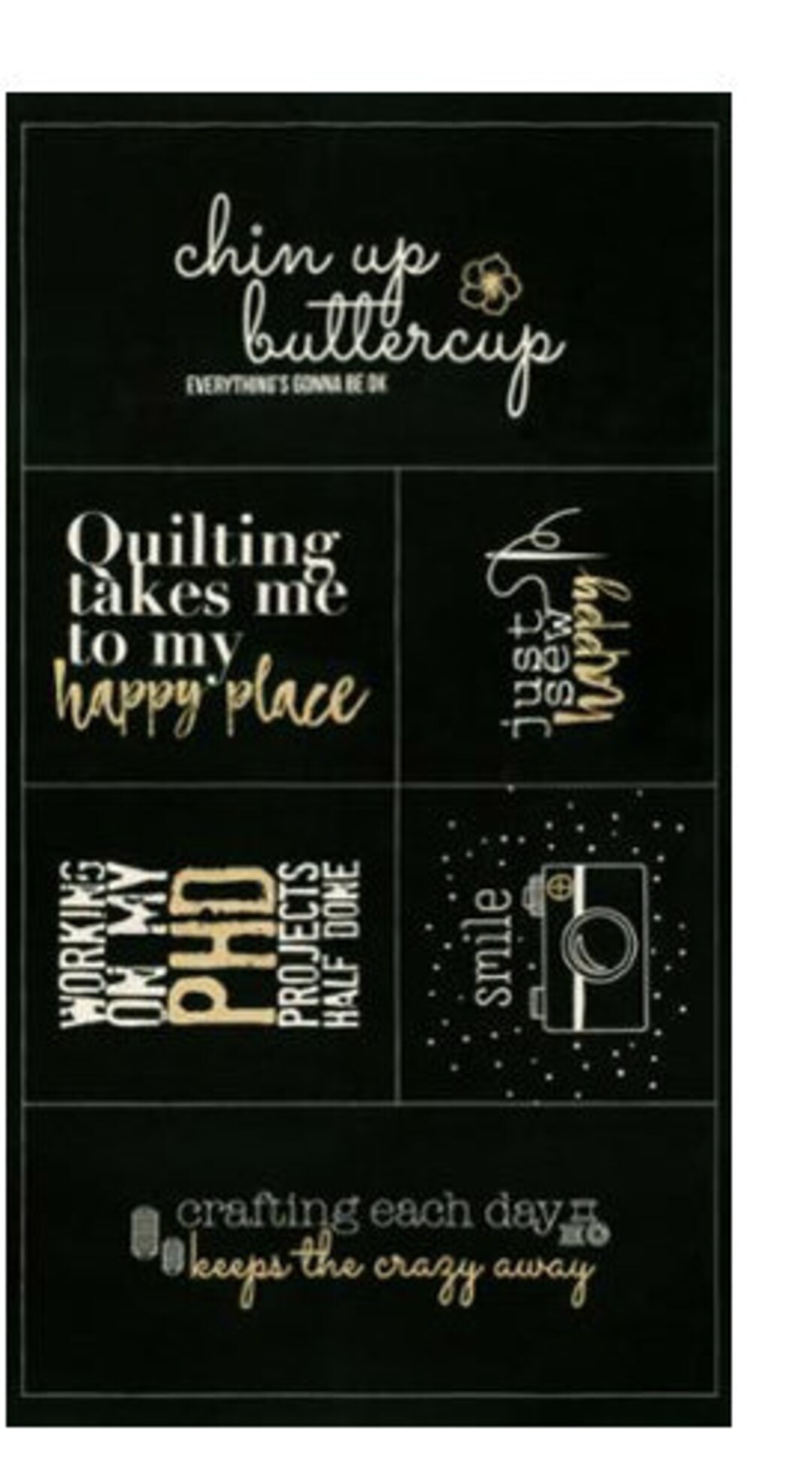 Sew Happy Canvas by Zen Chic - 24"x44" Panel - Metallic Gold and Black ...