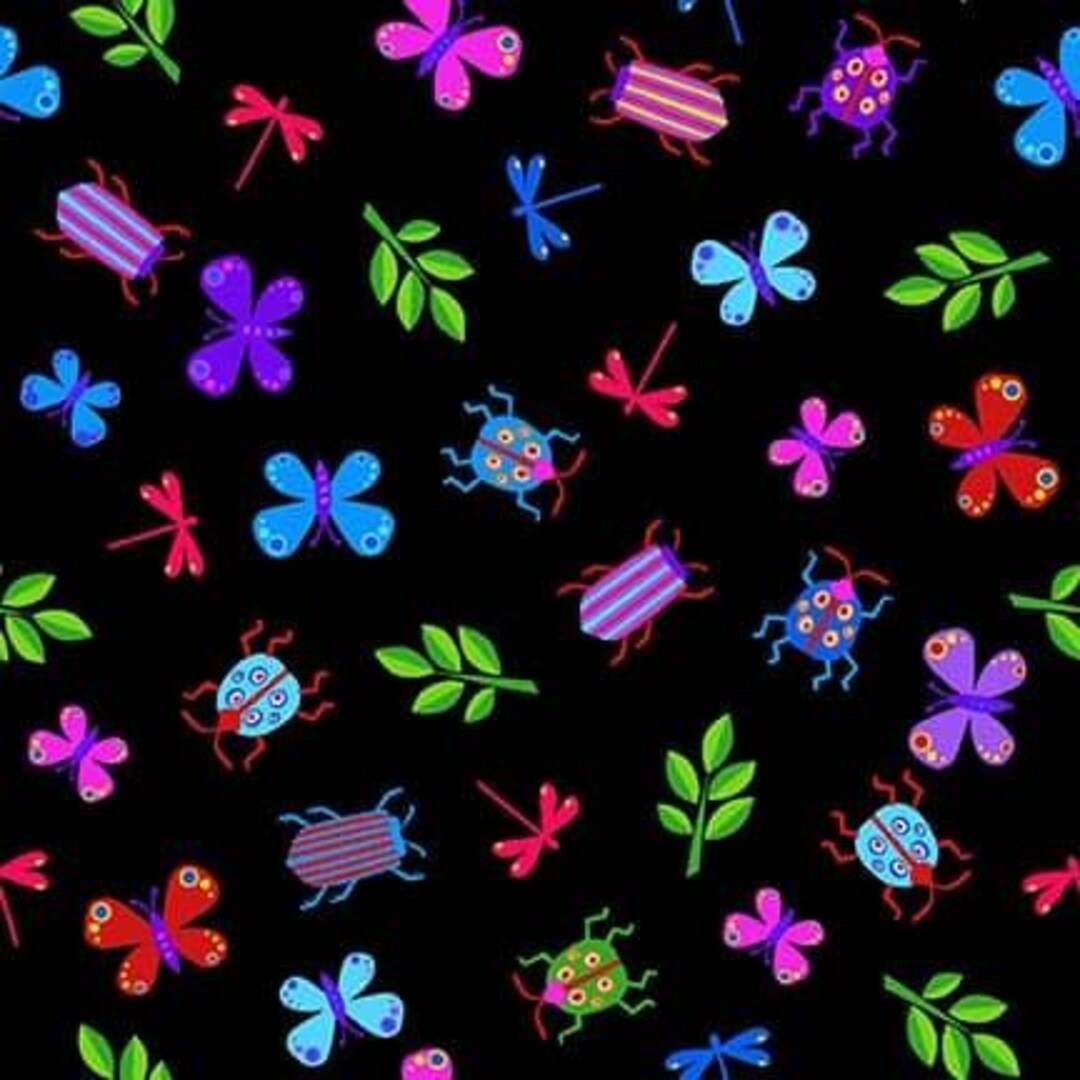 Cheerful and Colorful - Black Bugs - Premium 100% Cotton Fabric by ...