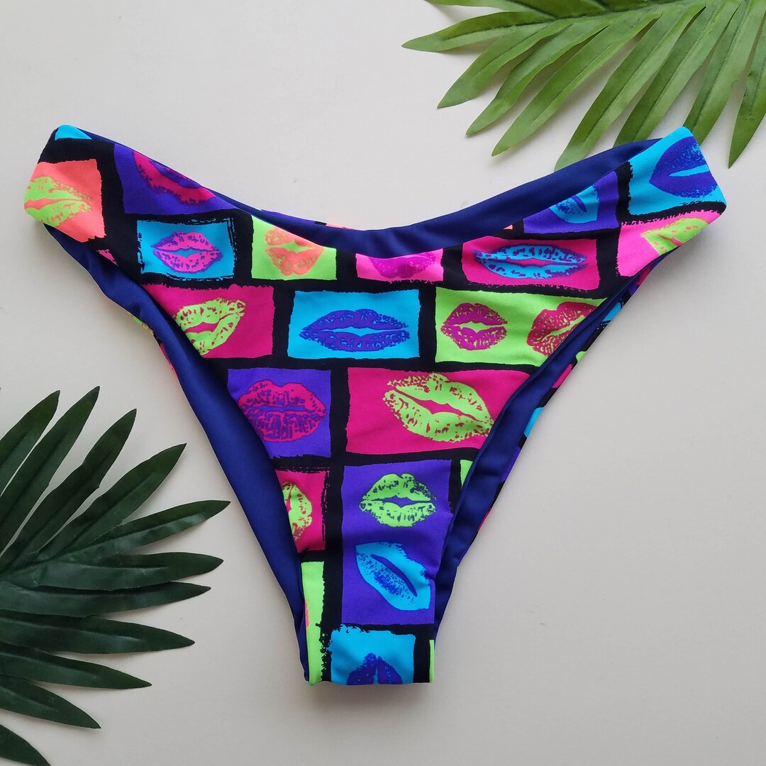 Small / Bikini Bottoms High Cut Minimal Lips 90s Neon - Etsy