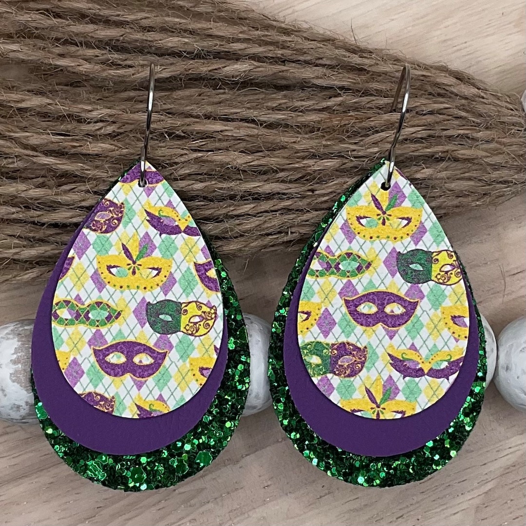 Mardi Gras Masks~ 3 Layer Faux Leather Teardrop Earrings ~ Fleur De Lis ...