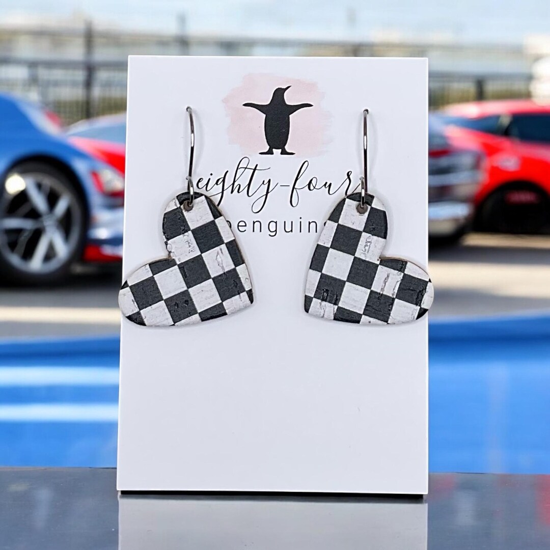 Heart ~ Black and White Check ~ Leather Backed Cork Earrings ~ Race ...