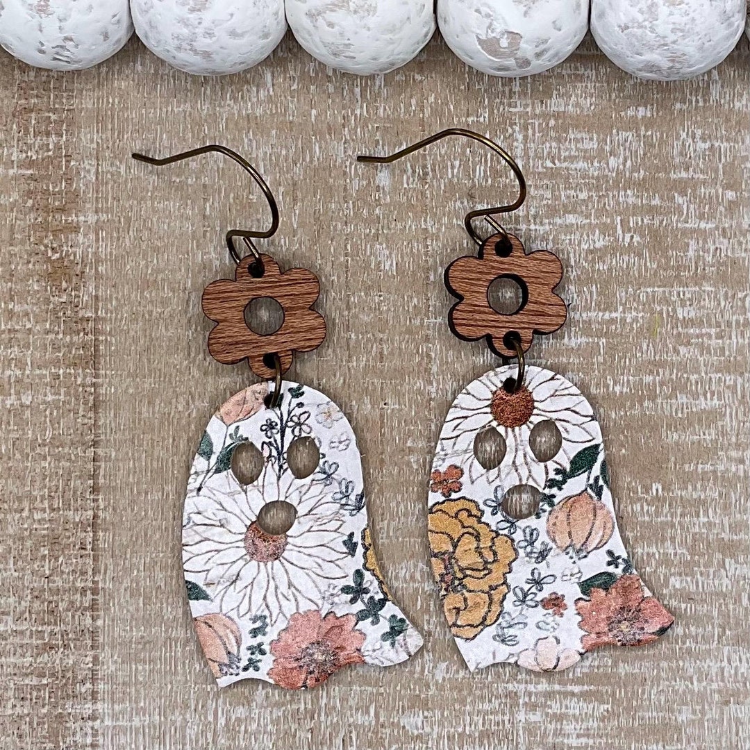 Boho Boo Floral ~ Wood and Leather Backed Cork Earrings ~ Wood Flower ...