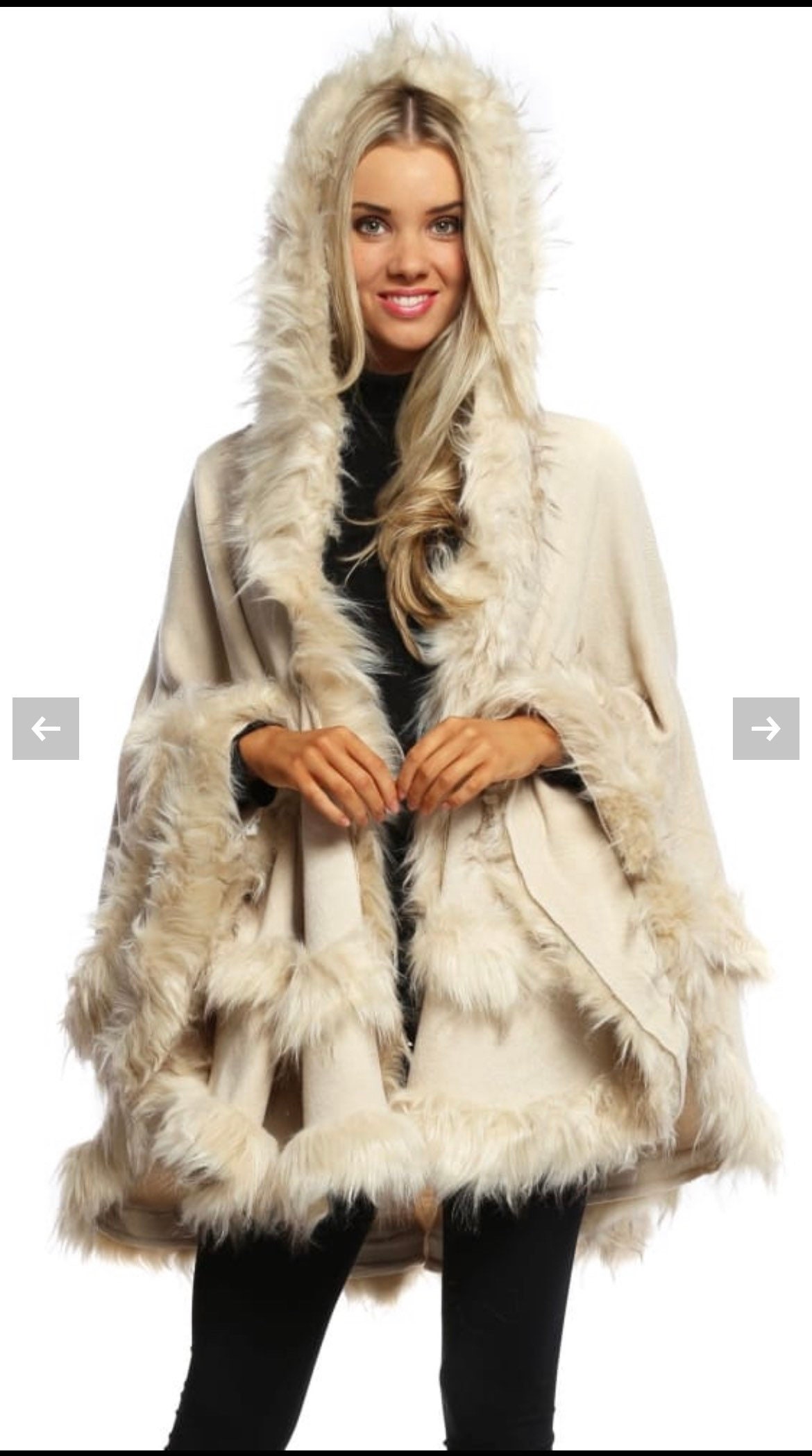 Short Faux Fur Trim Hooded Cape Poncho With Thick Cuff BEIGE | Etsy