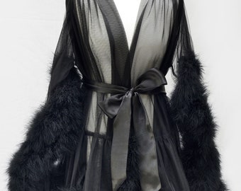 Pink Long Sheer Feather Robe: Womens Fluffy Marabou Feather Dressing ...