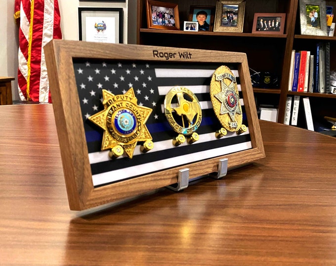 Police Flag Badge Display to Showcase on the Wall or Desk. Perfect Gift ...