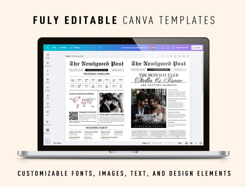 Editable Wedding Newspaper Program Template, Newlywed Times (canva) - Etsy