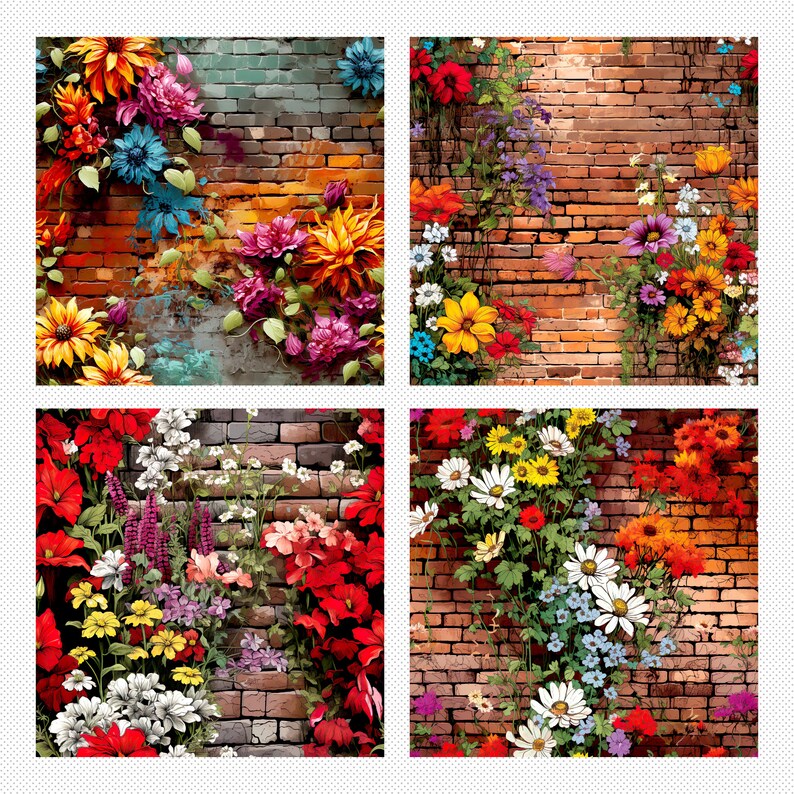 Floral Brick Wall Digital Paper: Seamless Texture Backgrounds (PNG) - Etsy