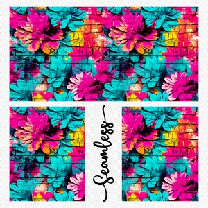 Grunge Floral Graffiti Brick Wall Digital Paper: Seamless Patterns ...