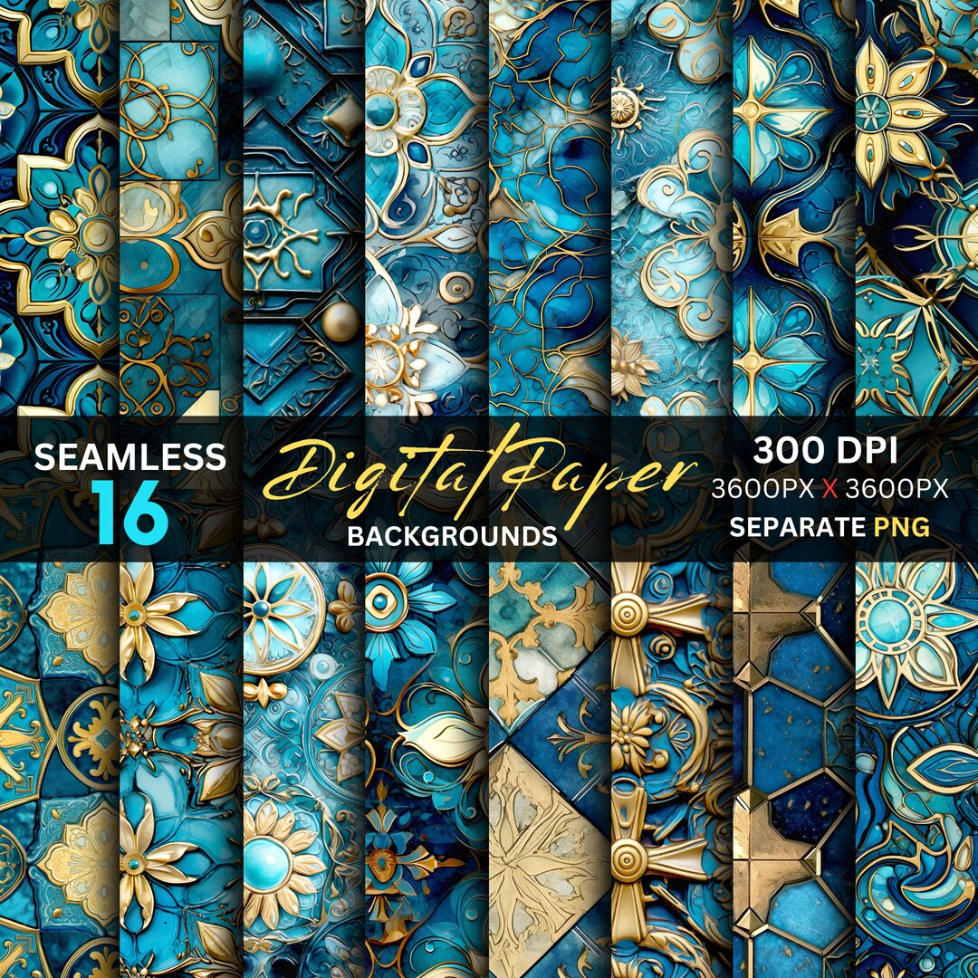 Gold Blue Geometric Digital Paper, Seamless Scrapbooking Papers ...