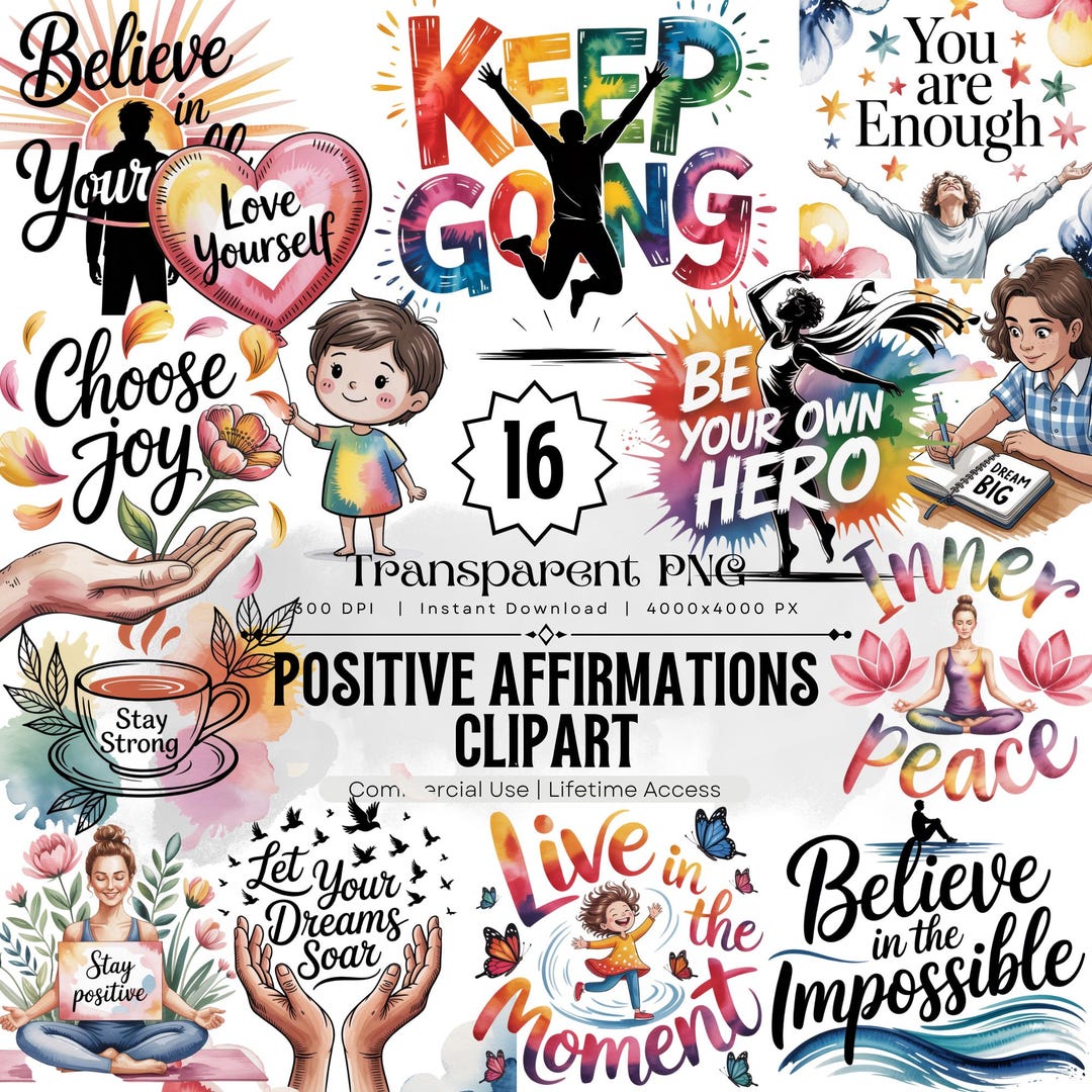 16 Positive Affirmations Clipart PNG Bundle, Motivational Quotes, Self ...