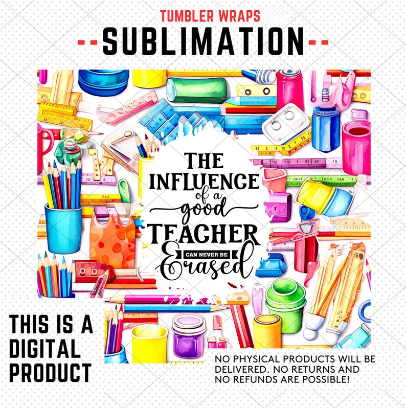Watercolor Teacher Tumbler Wrap PNG, School Sublimation Design (digital ...