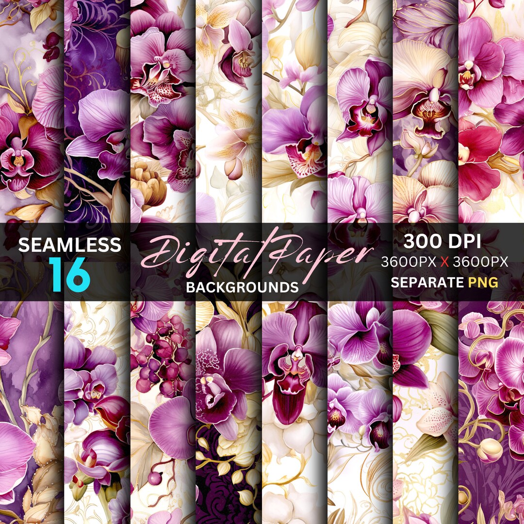 Orchid Flower Digital Paper, Texture Pattern PNG, Seamless Wildflowers ...