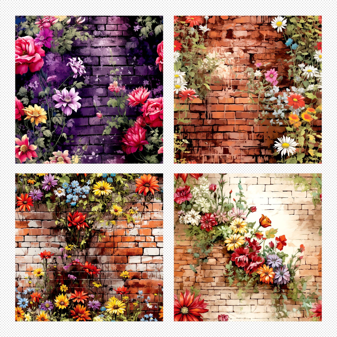 Floral Brick Wall Digital Paper: Seamless Texture Backgrounds (PNG) - Etsy