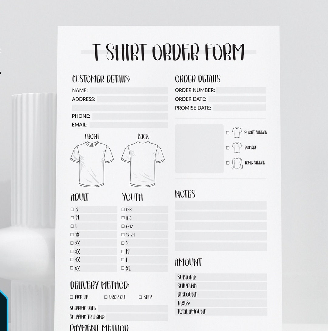 Custom Tee Order Form | Shirt Purchase Order Form | Printable Order ...