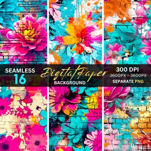 Grunge Floral Graffiti Brick Wall Digital Paper: Seamless Patterns ...