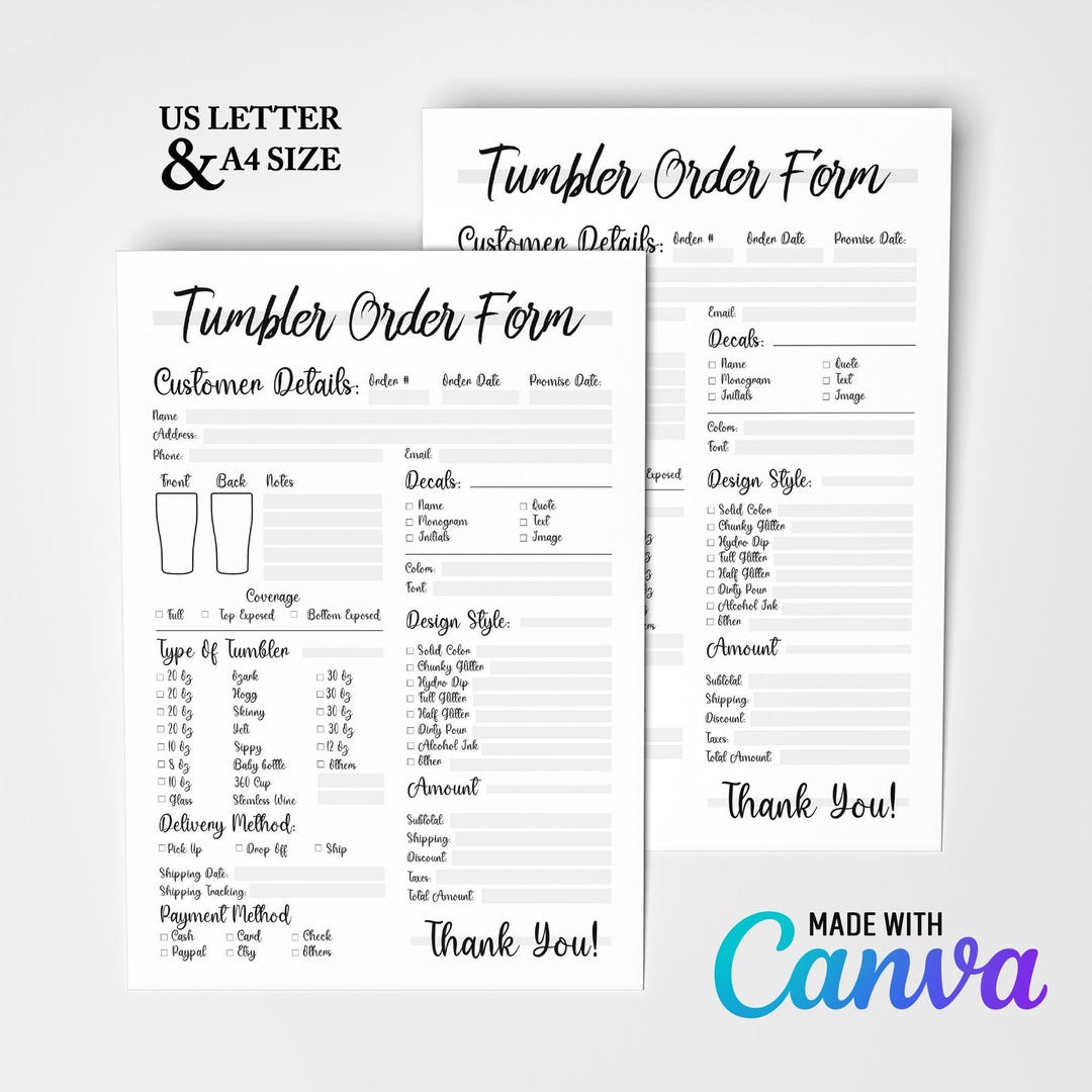 Editable Tumbler Order Form, Custom Order Form, Cup Order Sheet ...