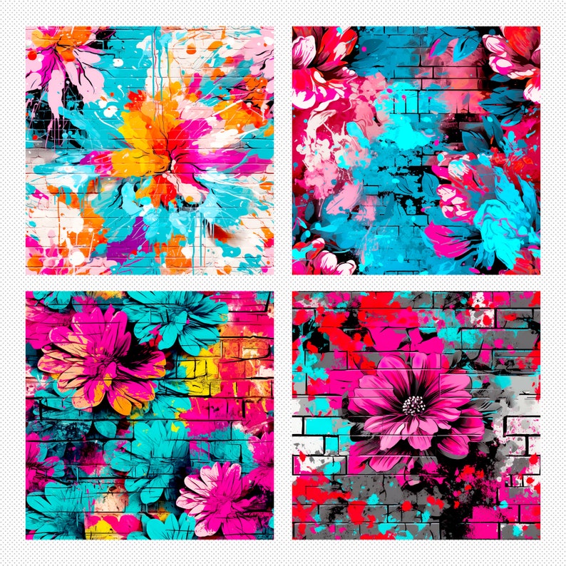 Grunge Floral Graffiti Brick Wall Digital Paper: Seamless Patterns ...