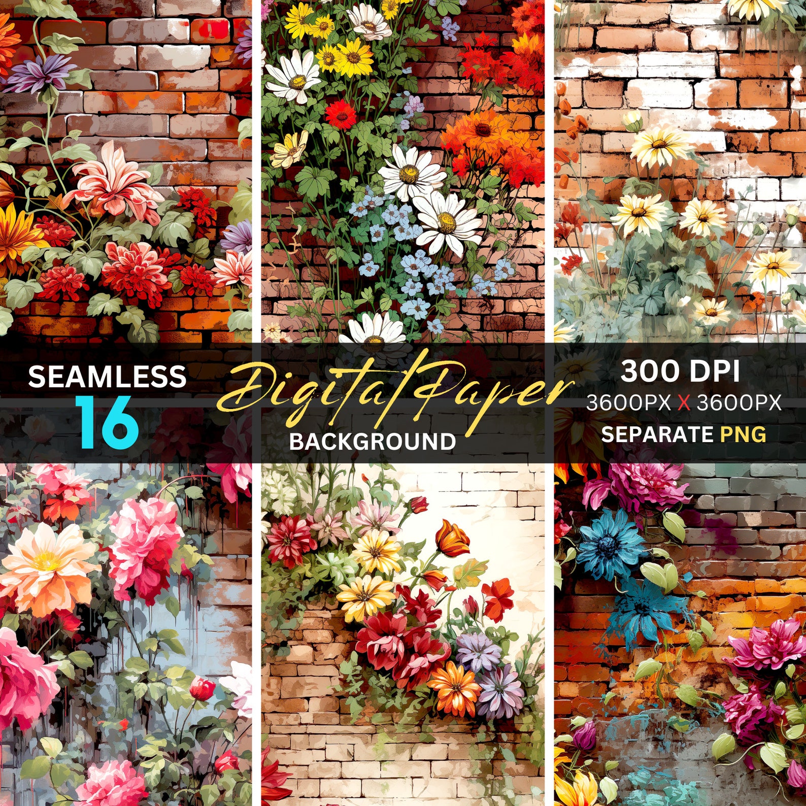 Floral Brick Wall Digital Paper: Seamless Texture Backgrounds (PNG) - Etsy