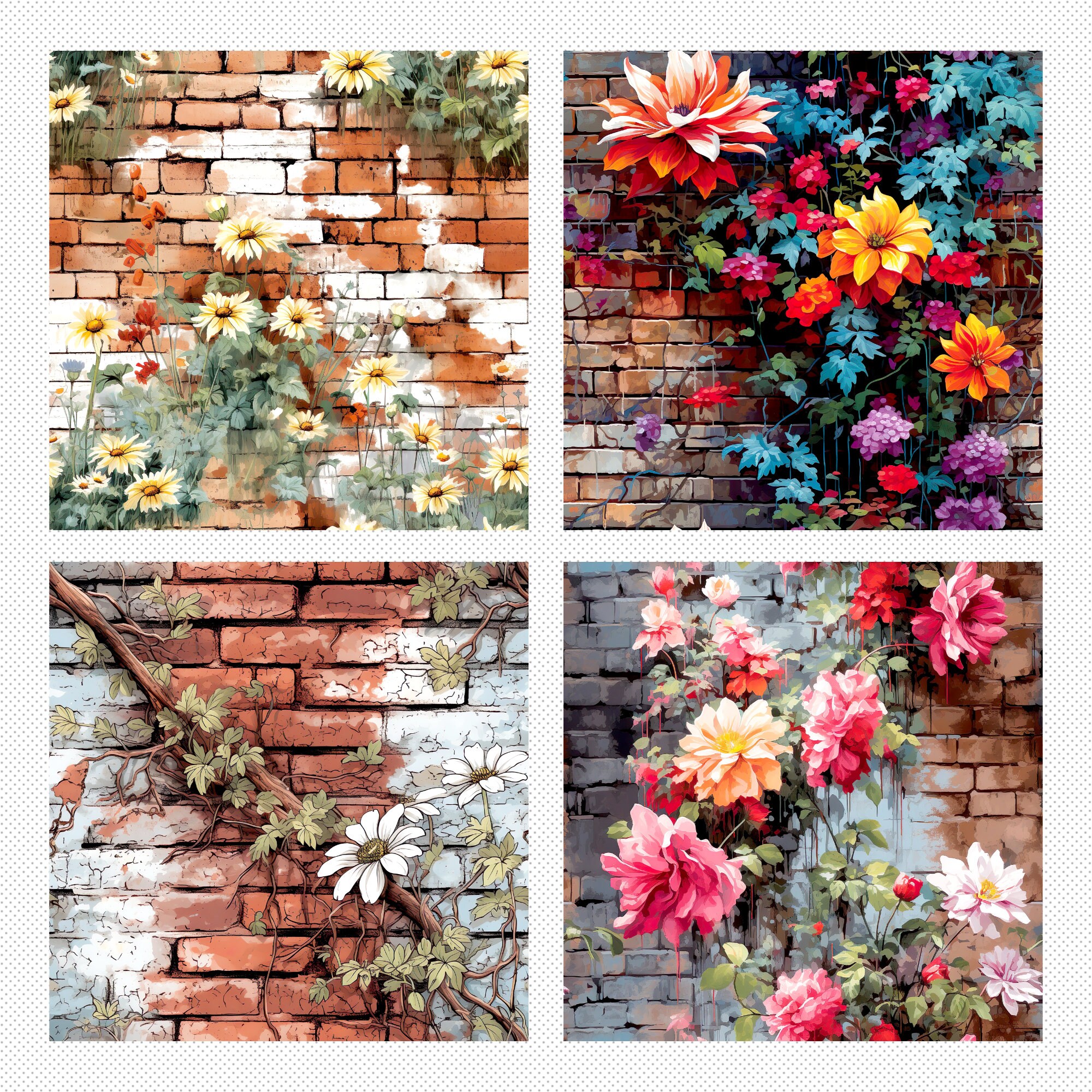 Floral Brick Wall Digital Paper: Seamless Texture Backgrounds (PNG) - Etsy