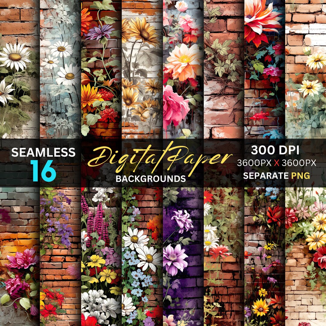 Floral Brick Wall Digital Paper: Seamless Texture Backgrounds (PNG) - Etsy