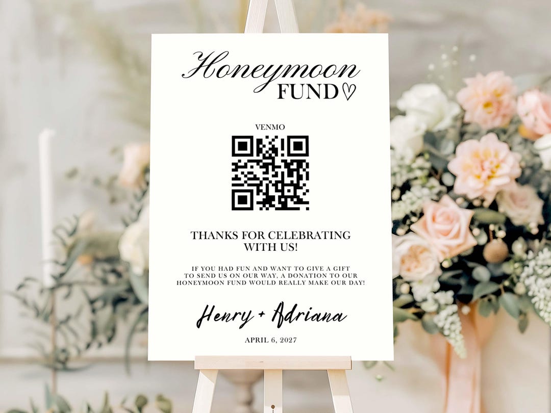 Honeymoon Fund QR Code Sign, Wedding Fund Sign Template, Cash Gift Sign ...