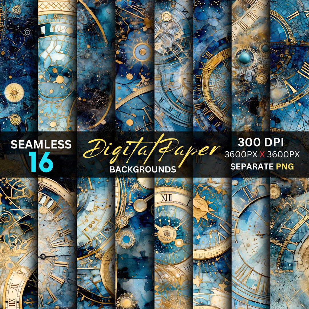 Clock Artwork Digital Paper, Seamless Patterns, Scrapbooking Papers ...