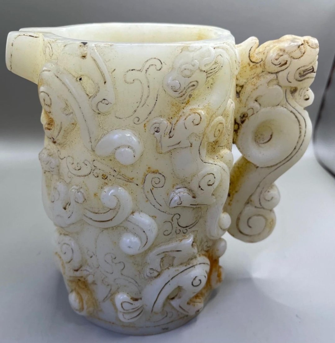 Ancient Near Eastern Jade Stone Vessel With Pictoral Scenes and Beasts ...