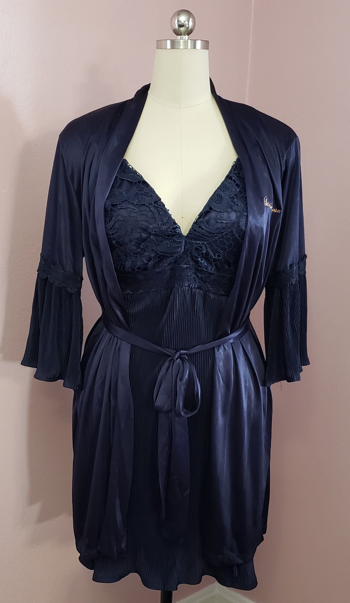 Satin Robe With Pleated Satin Sleeves and Lace Detailing. Satin Robe ...