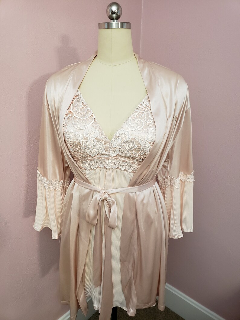 Pink Satin Robe, Pleated Satin Sleeves and Lace Trim, Pockets, Attached ...