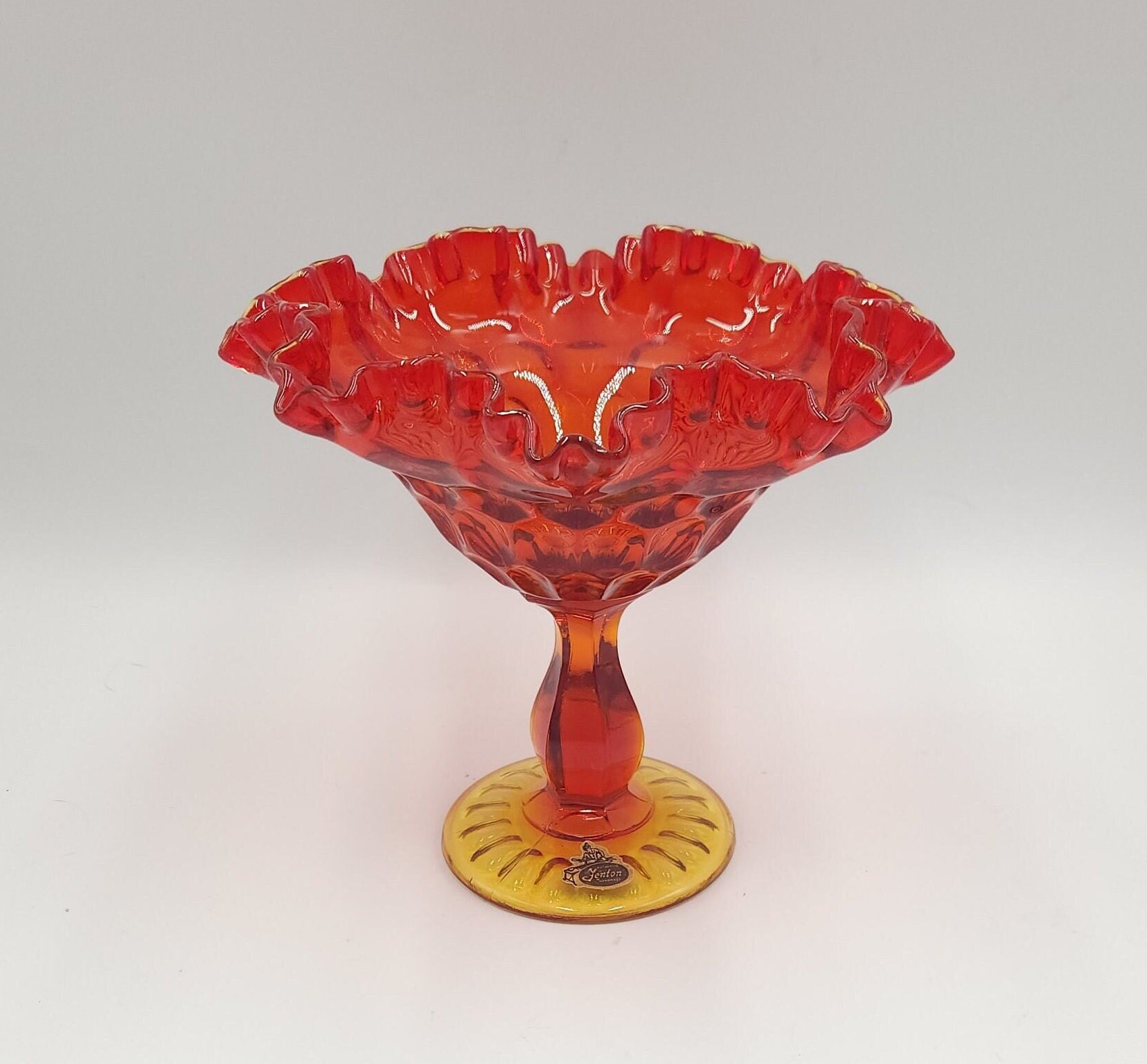 Vintage Fenton Amberina Ruffled Rim Pedestal Thumbprint Compote Candy ...