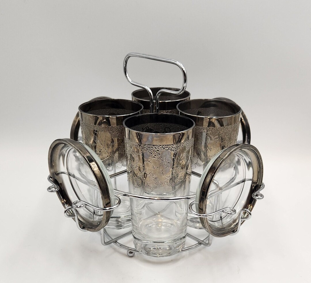 Queen's Silver Lusterware Fade Grape Glass Set With Caddy & Coasters ...