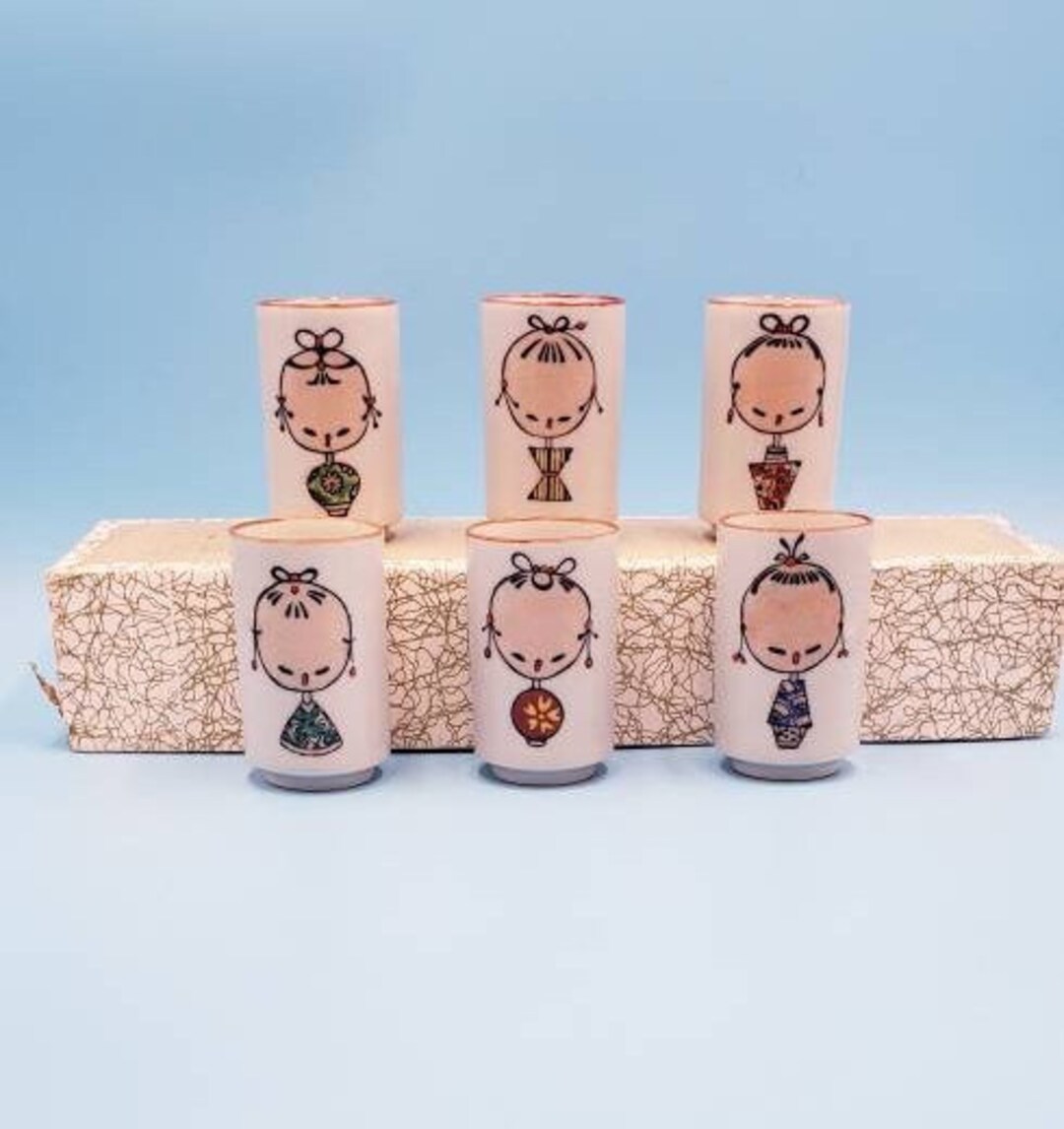 Set of 6 Kokeshi Cups Otagiri With Foil Stickers OMC Hand Painted in ...