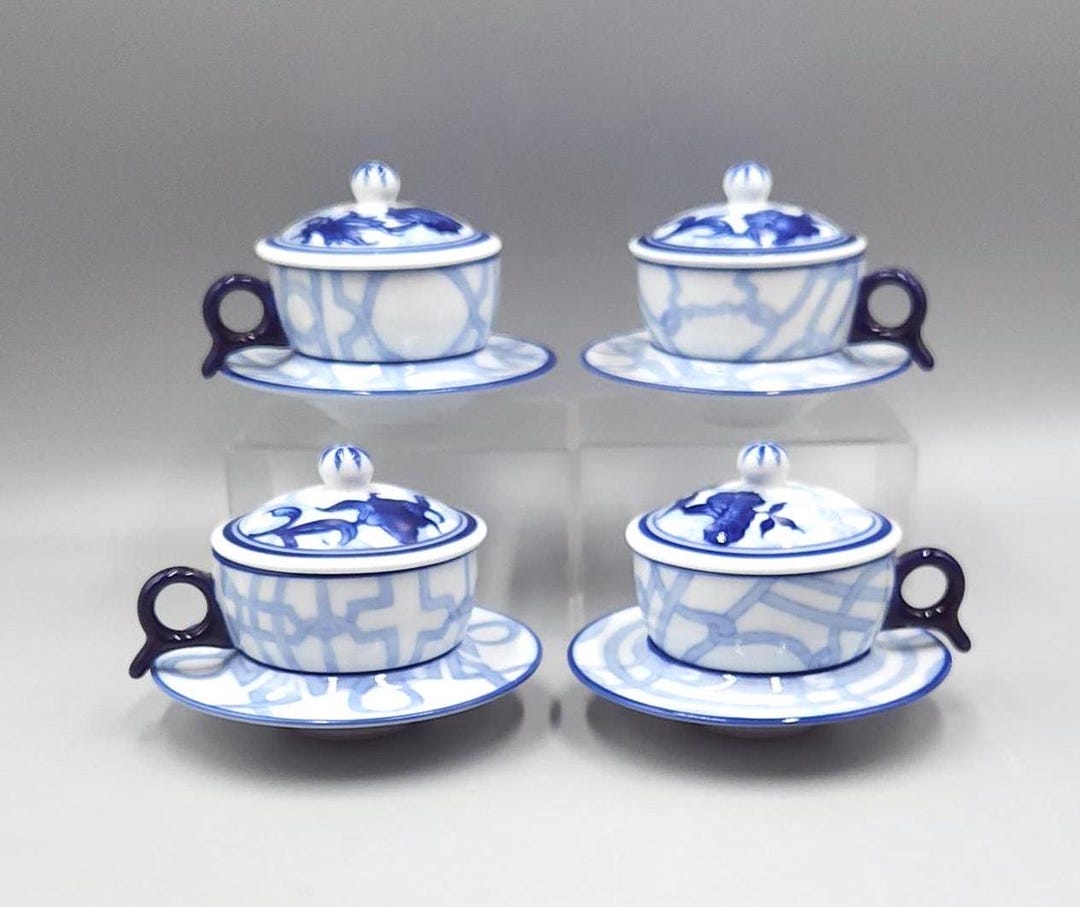 Vintage Bombay Company Tea Cups With Lids: Blue & White Ceramic, Set of ...