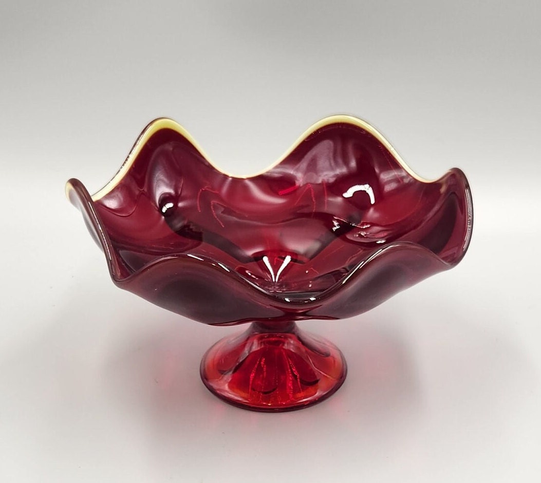 Vintage Viking Footed Glass Bowl Red Flame Six Petal Dish - Etsy