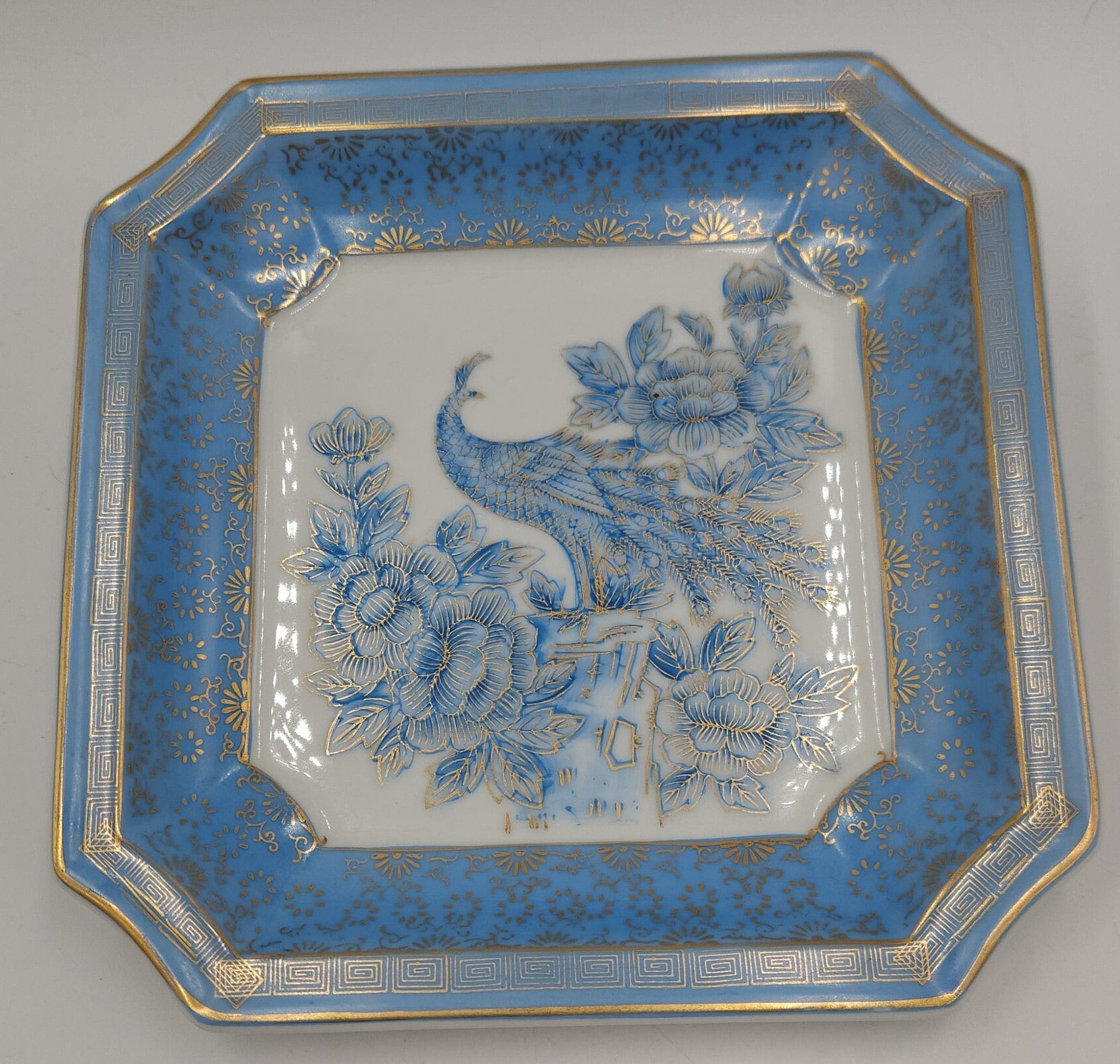 Vintage Andrea by Sadek Square Plate Blue and Gold Peacock With Floral ...