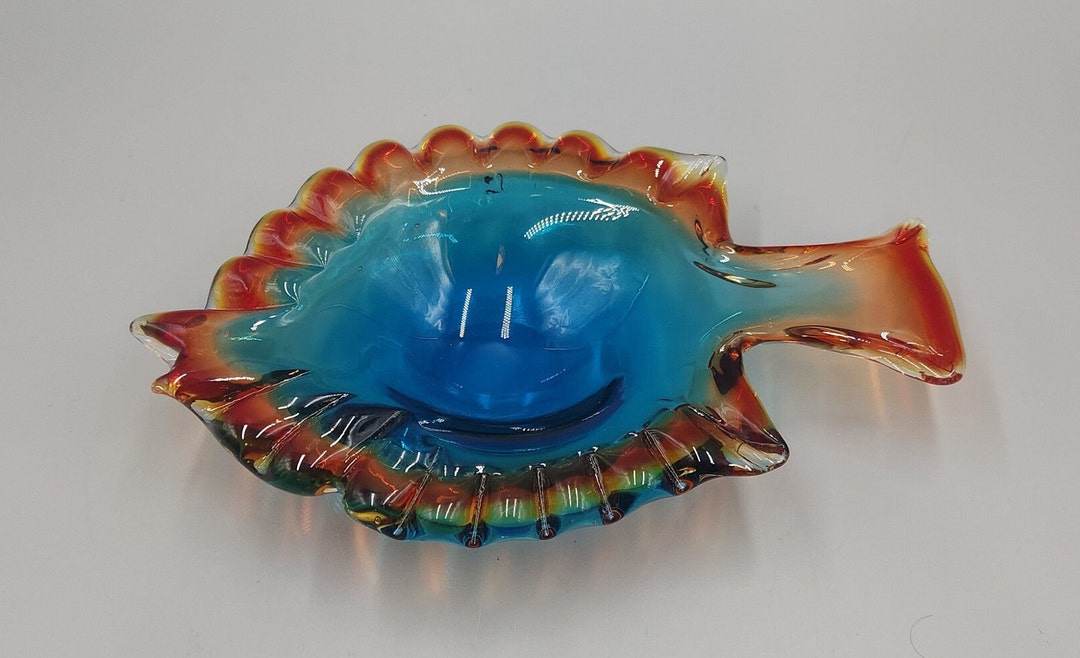 Vintage Crimson and Aqua Handblown Italian Art Glass Fish Bowl/ Dish ...