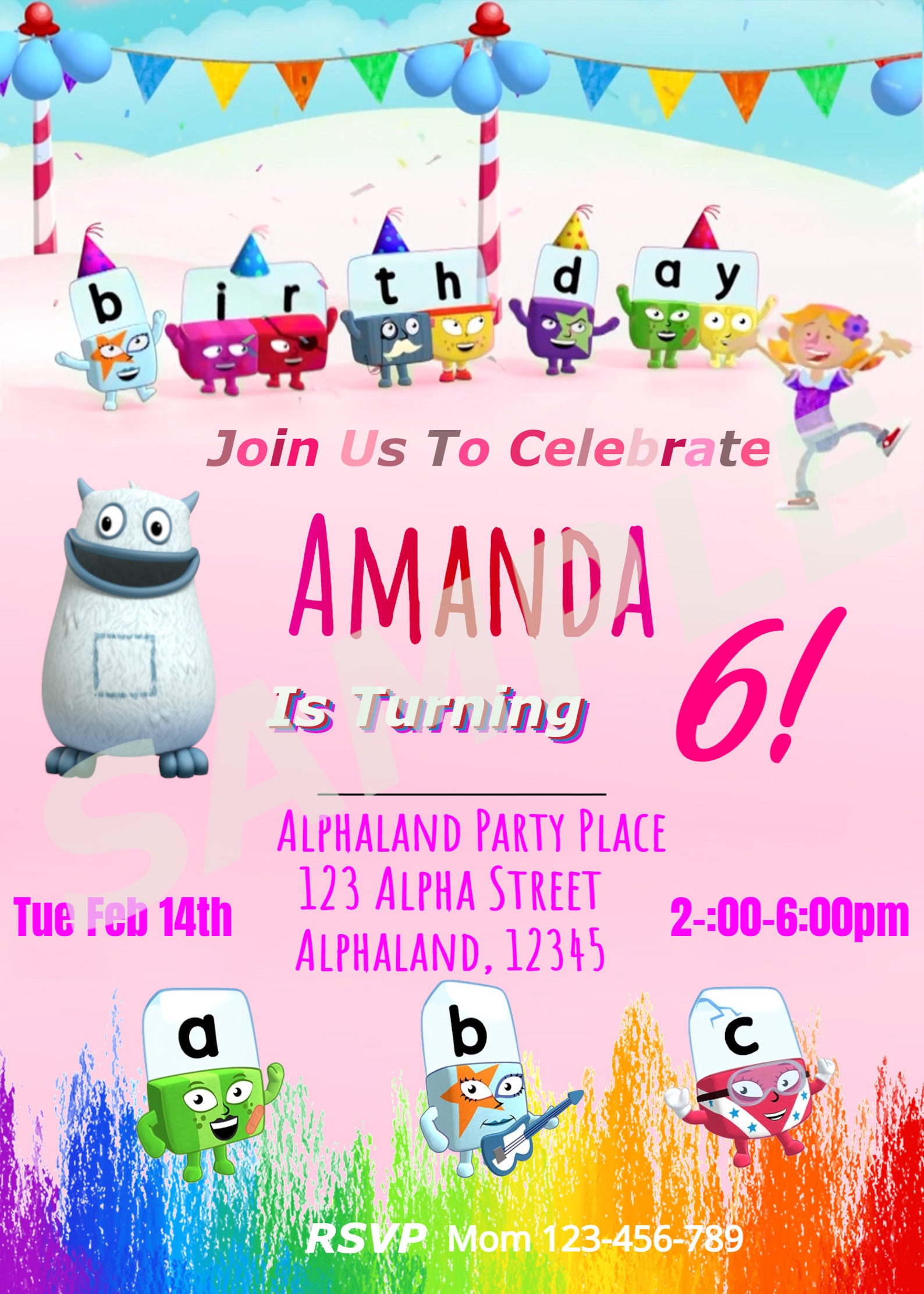 Alphablocks Numberblocks Birthday Invitationpink/purple Theme ...