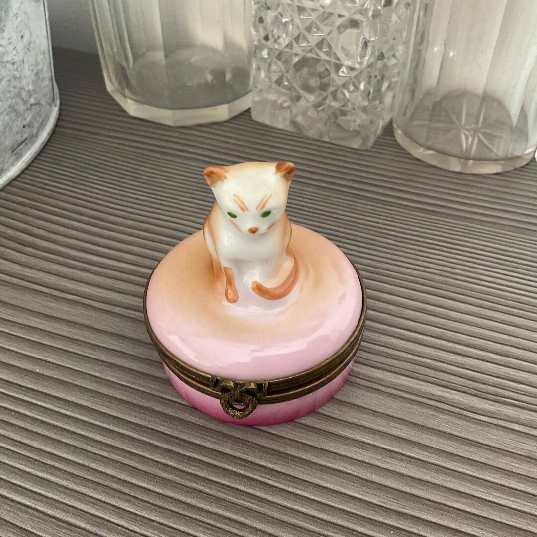 Vintage LIMOGES Ginger Cat Trinket Box, Hand Painted Limoges CASTEL ...